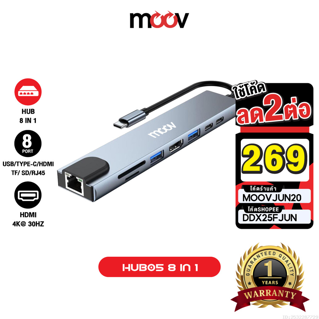 [269บ.โค้ดคุ้ม] Moov HUB05 USB Hub Type C ฮับ 8 in 1 OTG PC Laptop USB Type C HDMI 4K TF SD RJ45 ...