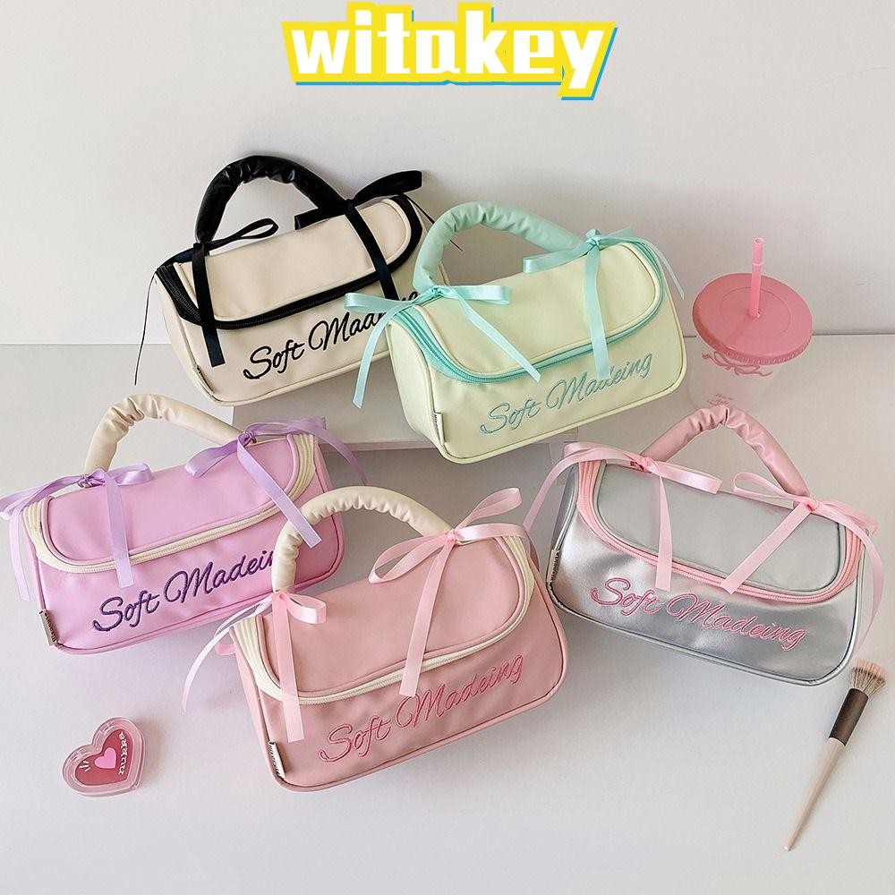 กระเป๋าโท้ต WITAKEY, กระเป๋าเครื่องสําอางหนัง PU ความจุขนาดใหญ่, กระเป๋าแต่งหน้าโบว์น่ารักเรียบ ...