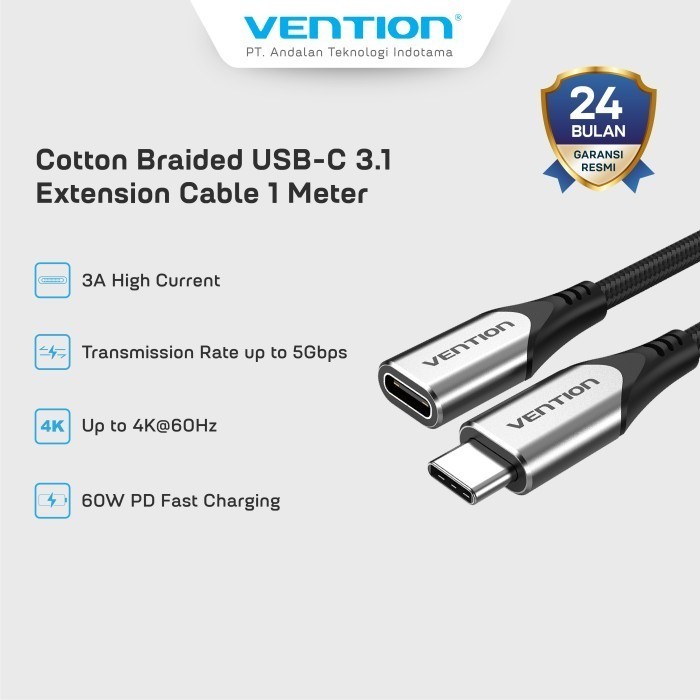 Vention สายเคเบิลข้อมูล USB C Thunderbolt 3 Extension Male to Female 3A 60W PD 3A 4K@60Hz 5Gbps ...