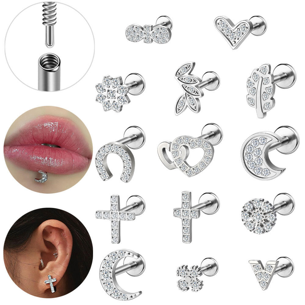 1 PC 16G Lip เจาะใบ Moon Heart Labret สแตนเลส Lip Studs คริสตัลแหวน ...