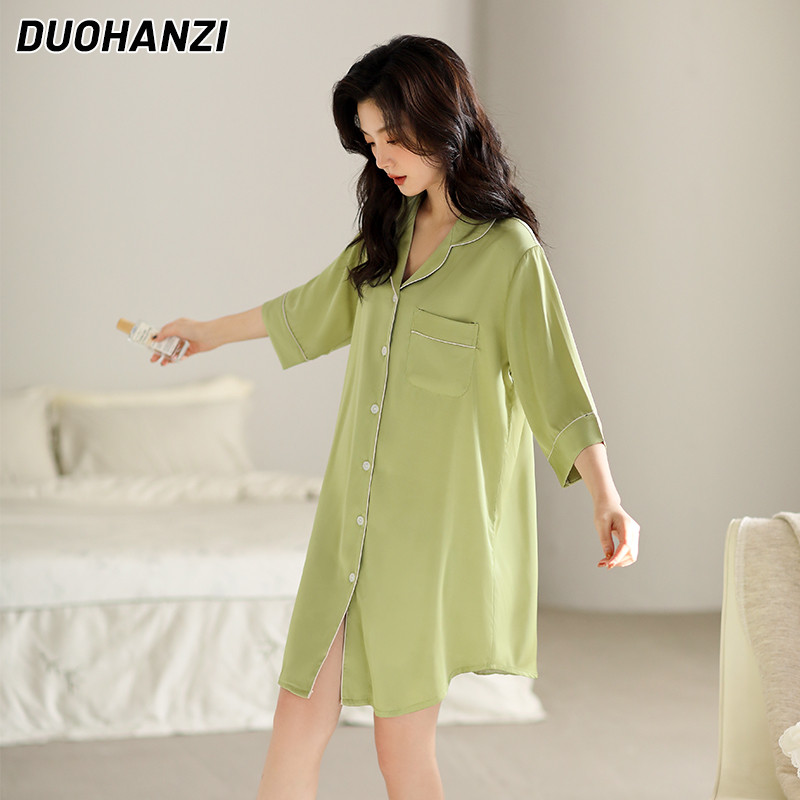 DUOHNZI Silky Ice Silk Nightgown - คอลเลกชันฤดูใบไม้ผลิ/ฤดูร้อน - ชุด ...