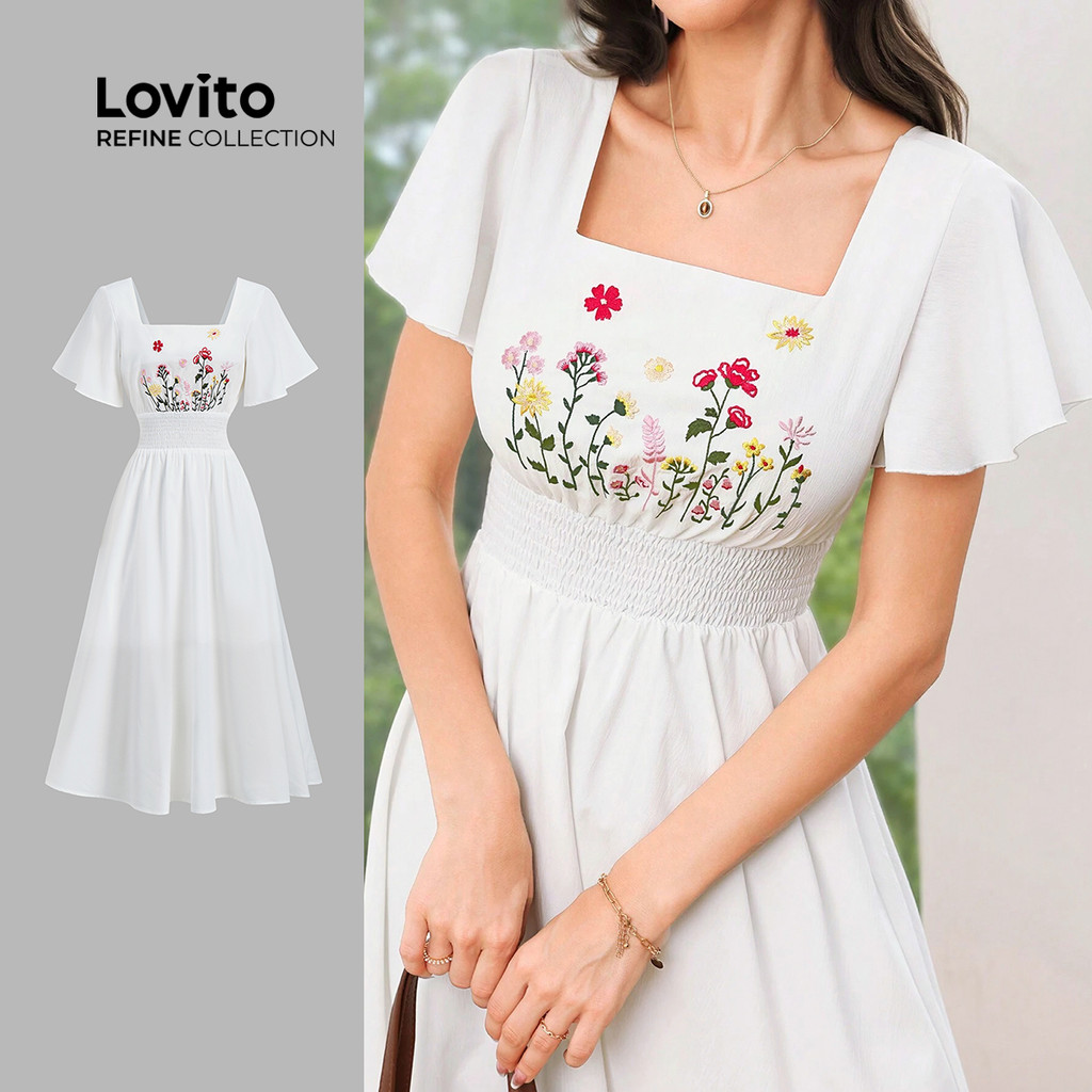 (Lovito Refine) ชุดเดรสสีขาวสม็อคเย็บปักถักร้อยธรรมดาหรูหราสําหรับ ...