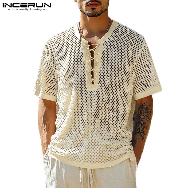 INCERUN Men Vintage Simple Casual Crew Neck Cross Lace-Up Hollow Out ...