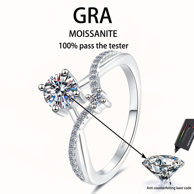 ใบรับรอง GRA ติดแหวน มอยซาไนต์ 1ct, แฟชั่นเจ้าหญิงมงกุฎ S925 แหวนแพลทินัมเคลือบด้วยไฟฟ้าเงินแท้ ...