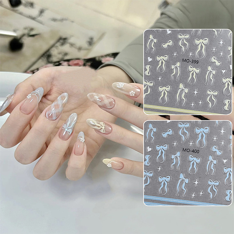 นูนเล็บ Decals กึ่งโปร่งใสสีขาว Bowknots กาว Sliders เล็บสติกเกอร์ตกแต่งสําหรับเล็บ | Shopee ...