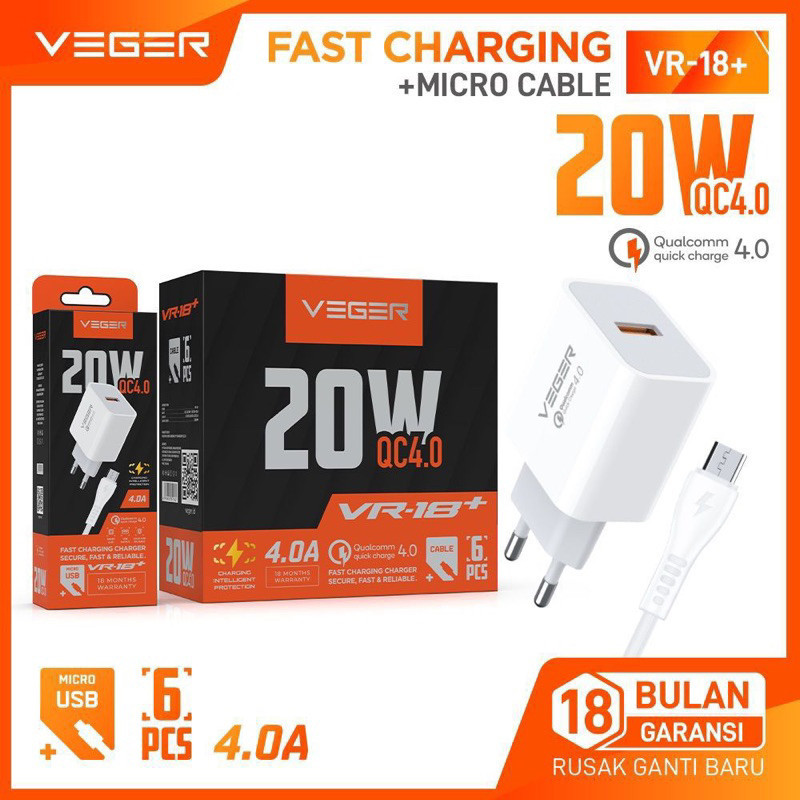 เครื่องชาร์จ VEGER 20W VR18+ Qualcomm quick charger 3.0A 1port พร้อมสาย TYPE C & Micro ORIGINAL ...