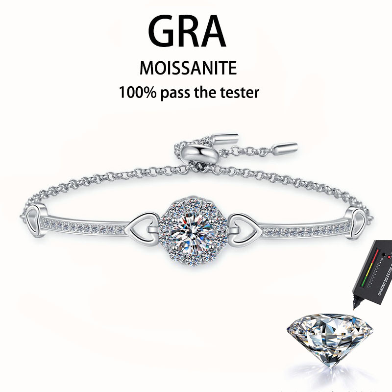 ใบรับรอง GRA ติดสร้อยข้อมือ Moissanite 1ct แฟชั่นหัวใจคู่รอบ S925 สร้อยข้อมือเพชรแพลทินัมชุบเงิน ...