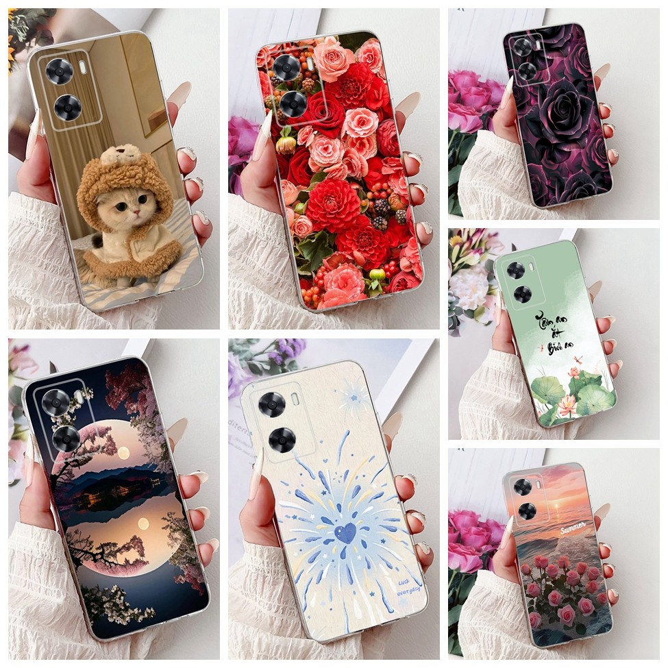 Oppo A57 4G 2022 กรณี CPH2387 Clear Aesthetic แมวน่ารักแฟชั่นดอกไม้ทาสี ...