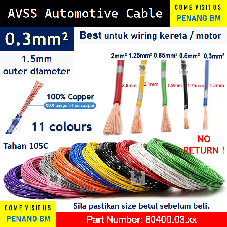 [1 เมตร] Wayar Automotif 0.3mm2 JAPAN AVSS 0.3 0.5 0.85 1.25 MM2 PURE ...