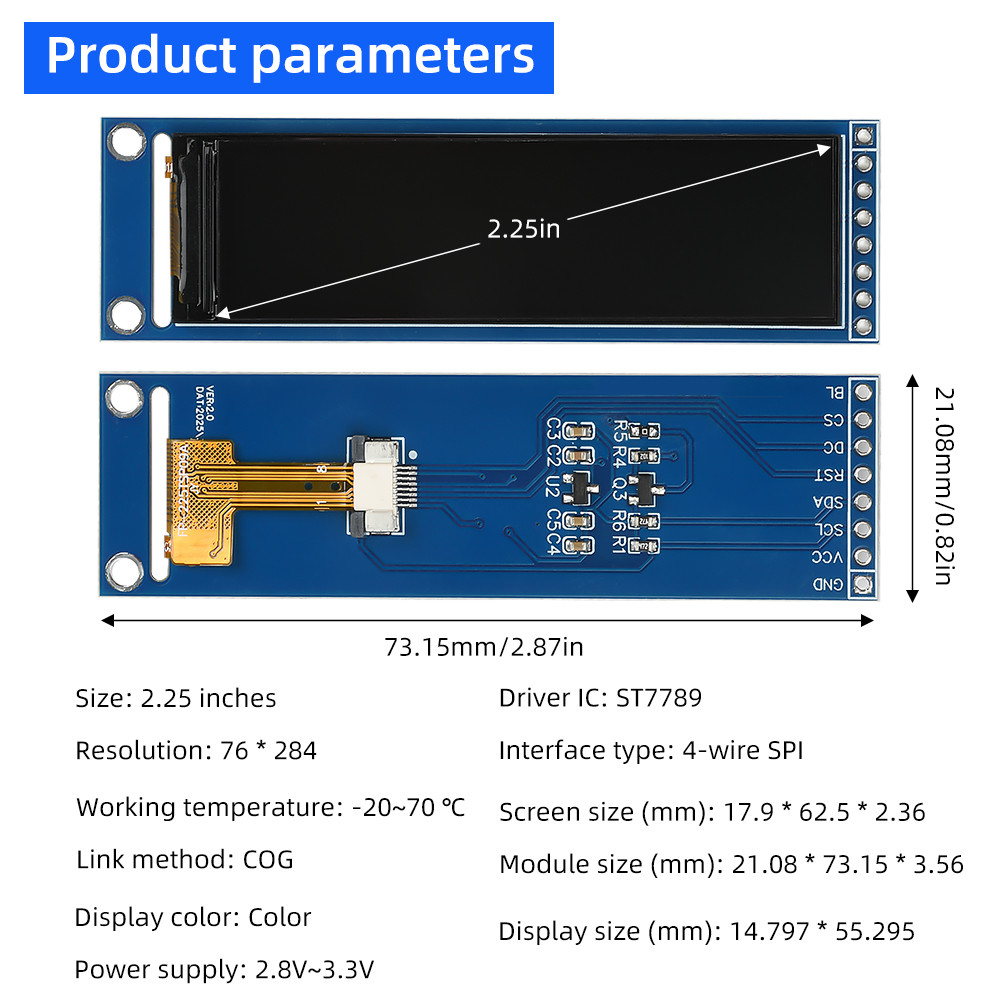 Pcbfun 2.25 นิ้ว TFT Lcd โมดูลหน้าจอ ST7789 หน้าจอขนาดเล็ก 76 * 284 ...