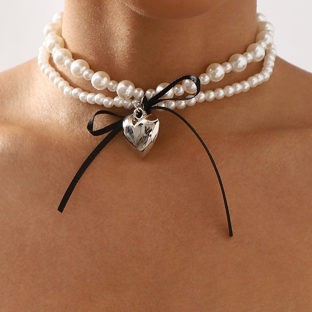 สร้อยคอมินิมาล Retro Elegant Pearl พร้อมจี้หัวใจ.Ribbon bow หวานๆ ...