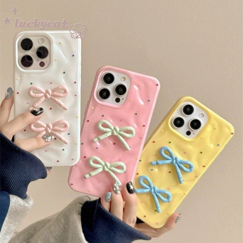 เข้ากันได้กับ iPhone 16 15 14 13 12 11 Pro Max เคสโทรศัพท์ 3D DIY Ins หวานสีสันจุดโบว์คลื่นนุ่ม ...
