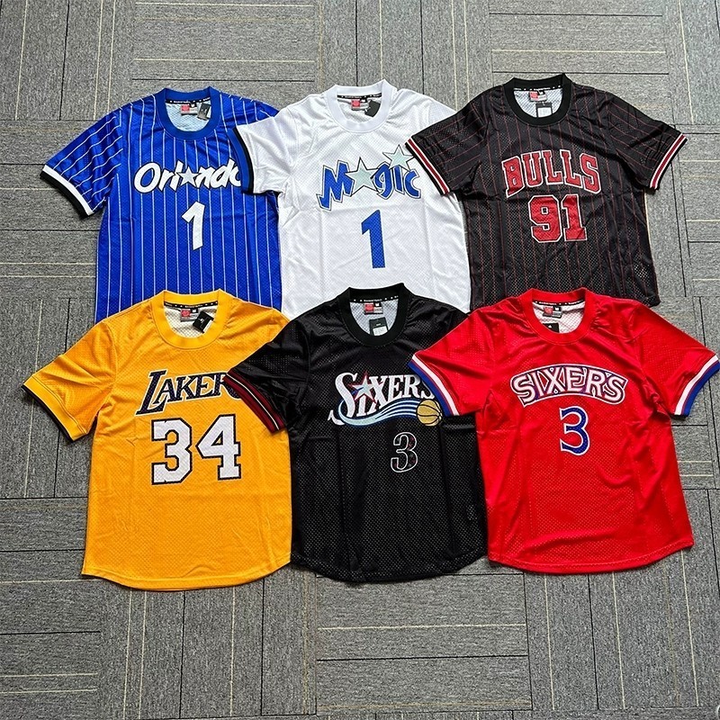 อเมริกันรอบคอ Retro ชุดบาสเกตบอลตาข่ายตัวอักษร Iverson แขนสั้นชุดเบสบอล ...
