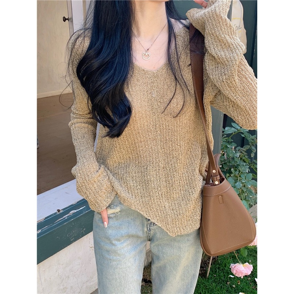 คาร์ดิแกนคอวีแบบบางสำหรับผู้หญิง เสื้อเบสฤดูใบไม้ผลิ สลิมหลวม สีดำ ...