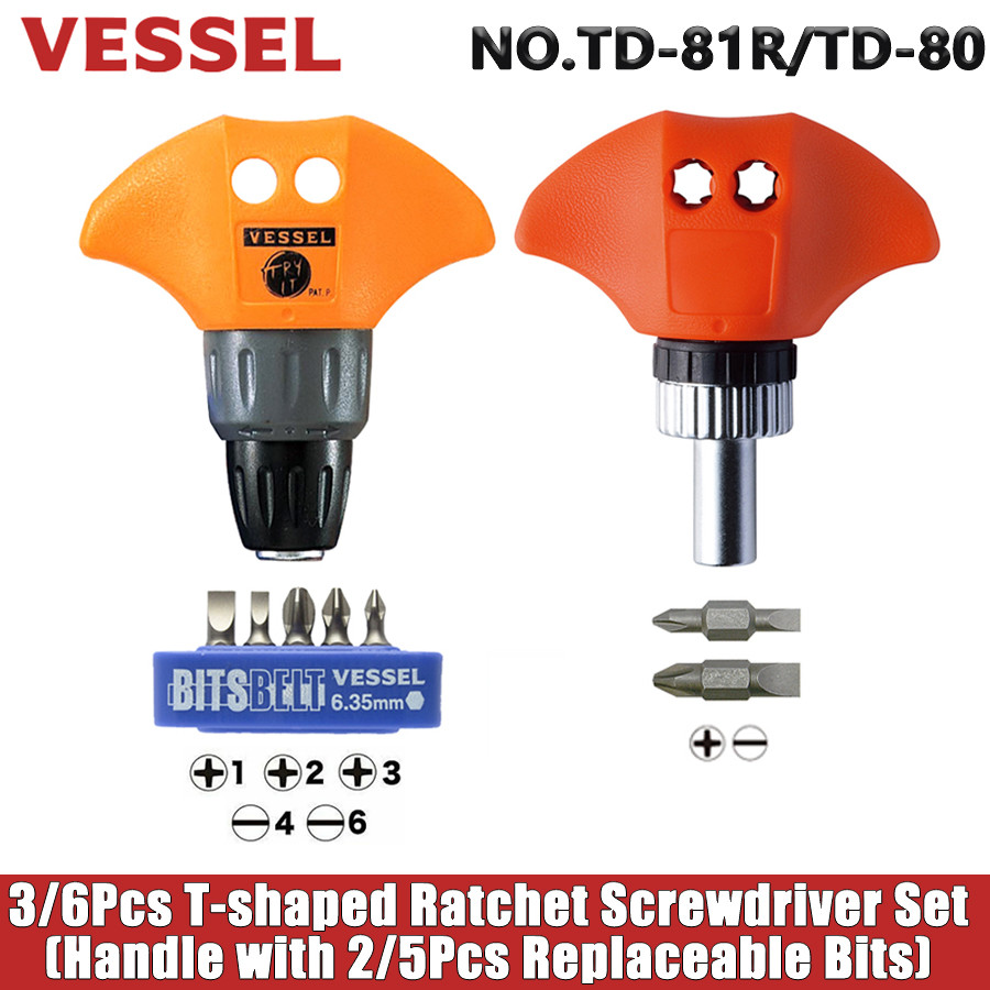 VESSEL 3/6 ชิ้น T-shaped Ratchet ไขควงชุดไขควง 5 ชิ้นเปลี่ยน Bits ญี่ปุ่นเครื่องมือ NO.TD-81R/TD ...