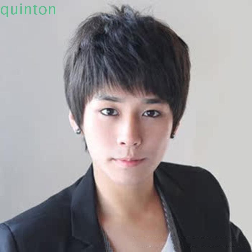 QUITON วิกผมสั้นตรง,ผมสังเคราะห์ทนความร้อนอะนิเมะผู้ชายวิกผม,เต็มหัวปุยสีดําสีน้ําตาลชายคอสเพลย์ ...