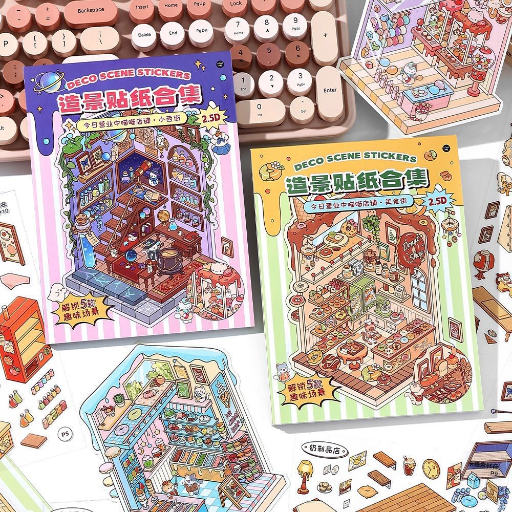 KOWEI 13 ชิ้น [Kitten Shop Series] 2.5D กันน้ําทิวทัศน์คอลเลกชันสติกเก ...