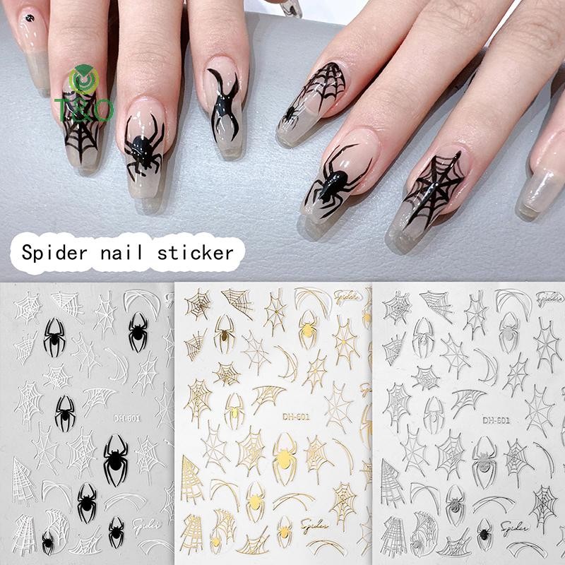 T&O ck และสีขาว Gilded Spider Shape ภาพวาดสติกเกอร์เล็บกาว Enhancement ...