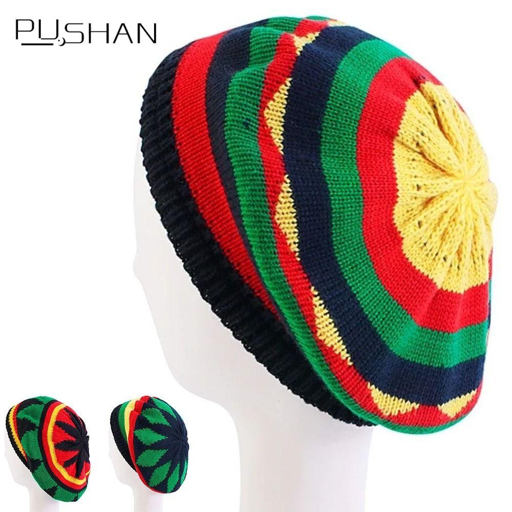 หมวกถักนิตติ้งหลวม PUSHAN, ขนสัตว์ถัก Jamakan Reggae หมวกสายรุ้ง ...