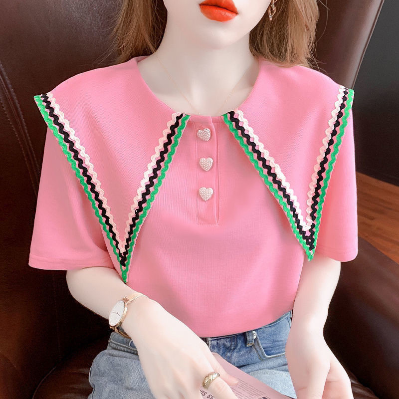 ที-เชิ้ตแขนสั้นคอปีเตอร์แพนสำหรับผู้หญิง ฤดูร้อน 2025 ดีไซน์ใหม่เก๋ไก๋ ...