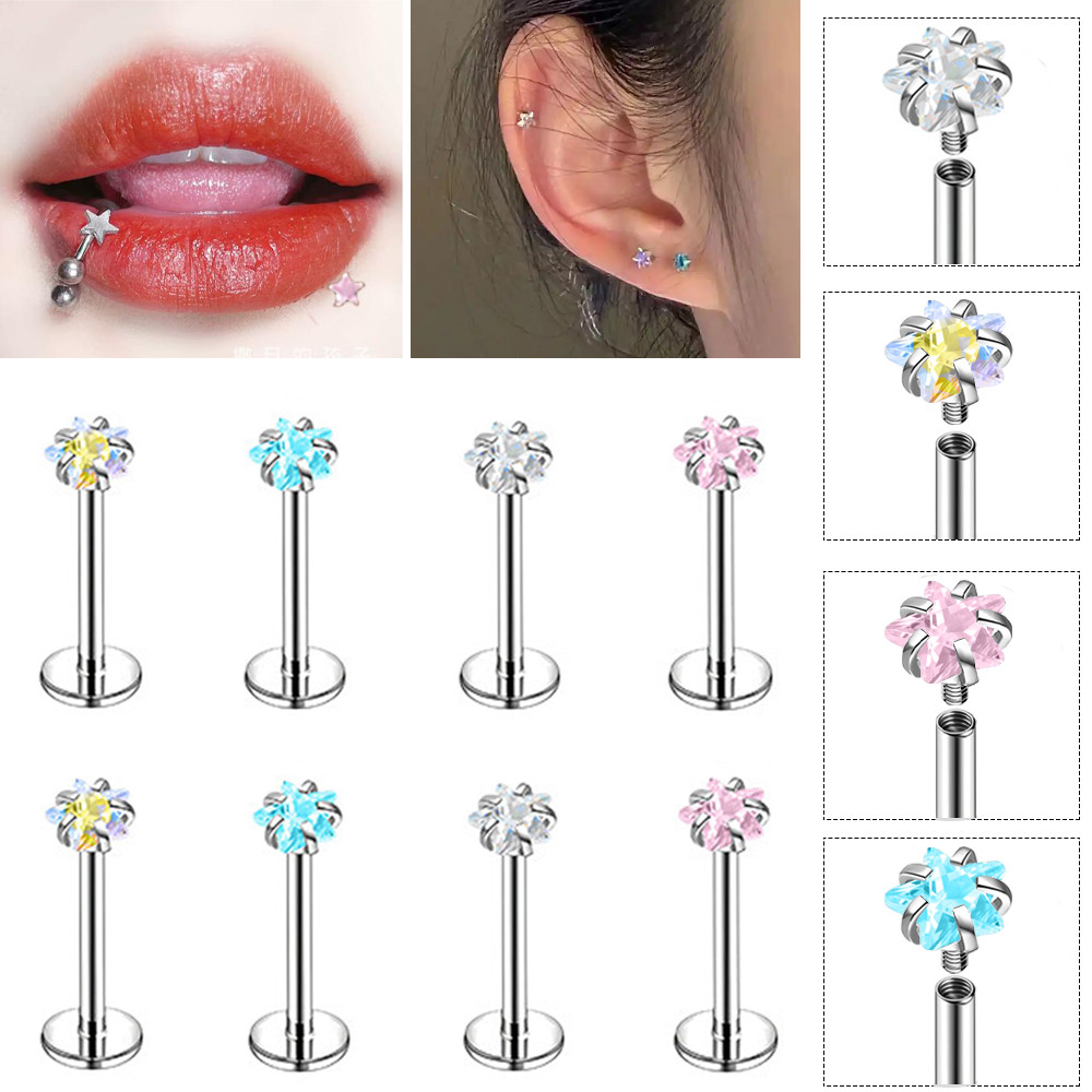 5 PCS สแตนเลส Labret Lip Stud Nostrail จมูก Stud Star 3 มม.คริสตัล Lip ...