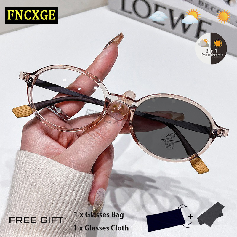 FNCXGE Vintage สายตาสั้นแว่นตา Photochromic รูปไข่ใหม่ผู้หญิงแบรนด์หรู Designer Size Anti Blue ...