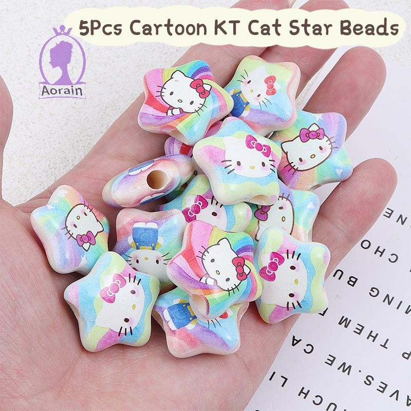 # ANTH # 5 ชิ้น การ์ตูน Hello Kitty Star ลูกปัด KT Cat พิมพ์สองด้าน สี ...