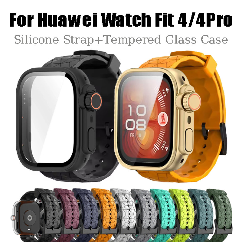 สายซิลิโคน + เคสกระจกสําหรับ Huawei Watch Fit 4 ลายฟุตบอลสําหรับ Huawei ...