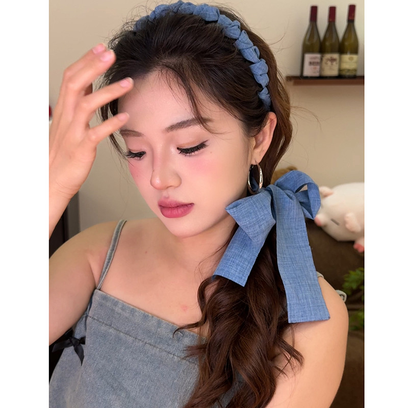 ฤดูร้อน Denim สีฟ้าฟันหวี Hairband Streamer ผูกผมแบบบูรณาการด้านข้างหาง ...