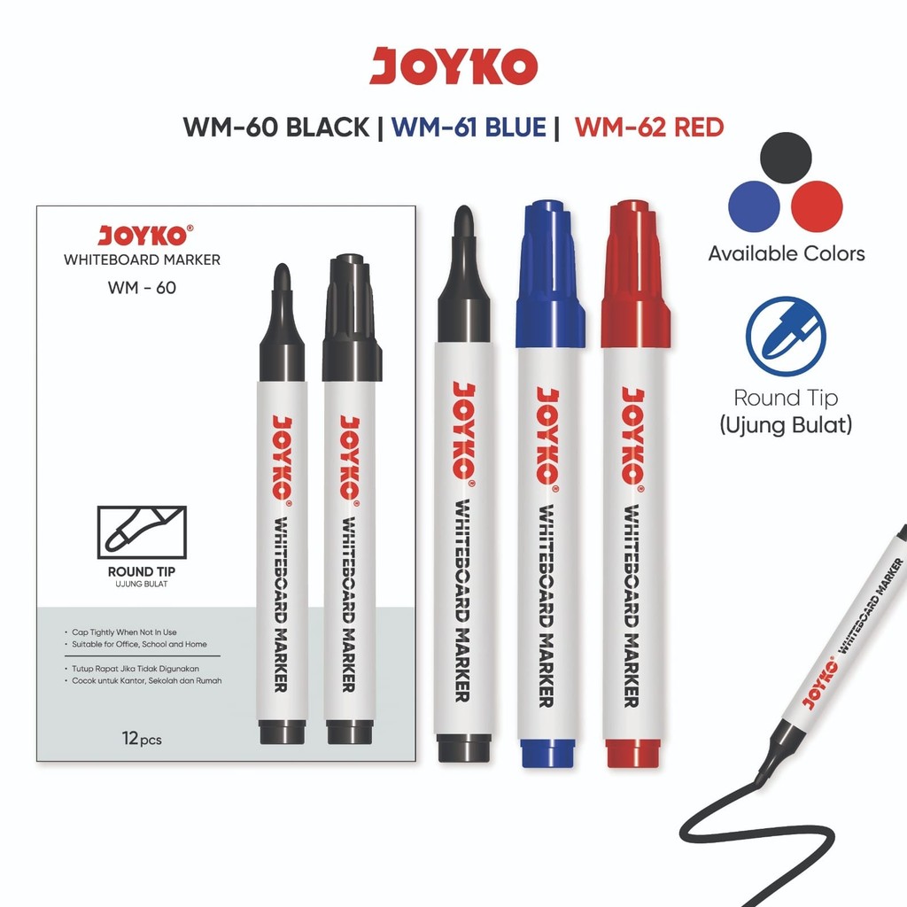 JOYKO ปากกามาร์กเกอร์ไวท์บอร์ด 1 แพ็ค WM-60~62 บรรจุ 12 ชิ้น | Shopee ...