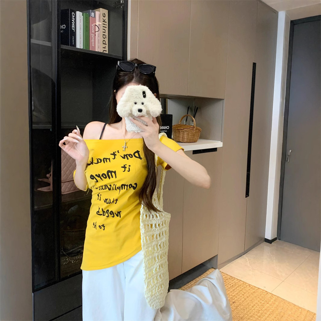 เสื้อยืดแขนสั้นพิมพ์ลายตัวอักษรสไตล์เกาหลีช่วงฤดูร้อน【P31#】 | Shopee Thailand