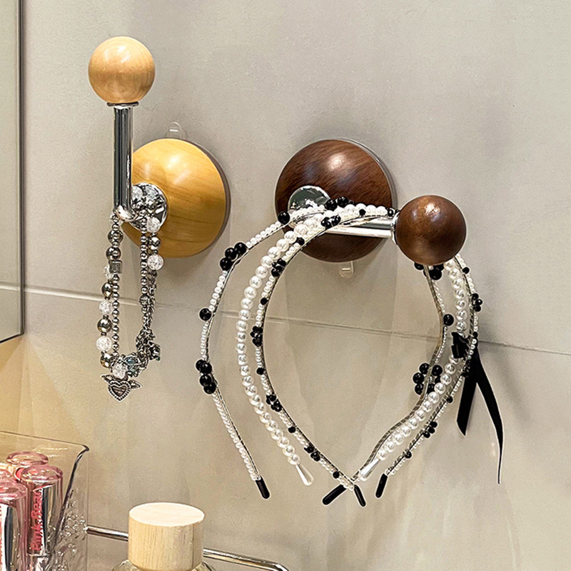 Retro ไม้ Grain Hooks รอบติดผนัง Hook Multifunctional Home Organizer ...