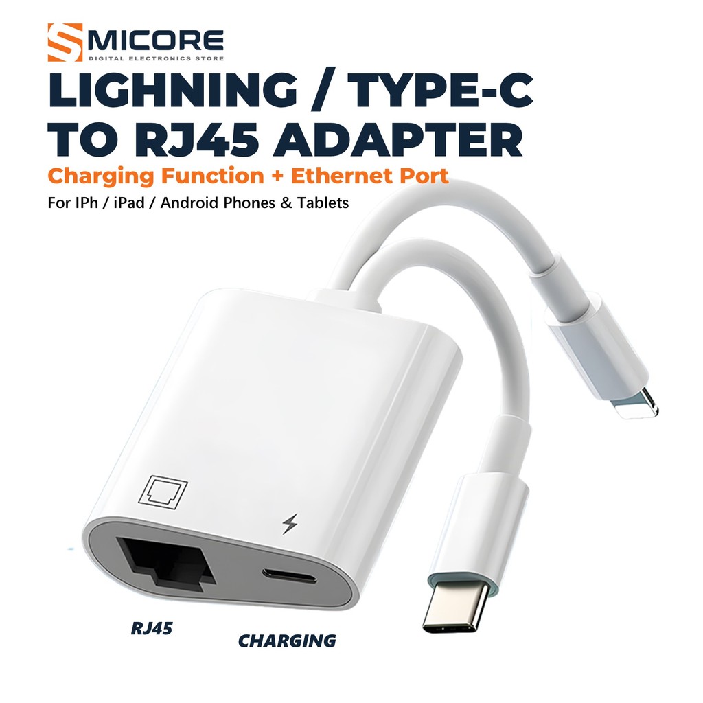2 in 1 Lighning/Type-C เป็น RJ45 Ethernet พร้อมพอร์ตชาร์จ 100Mbps สำหรับ IPh iPad Android ...