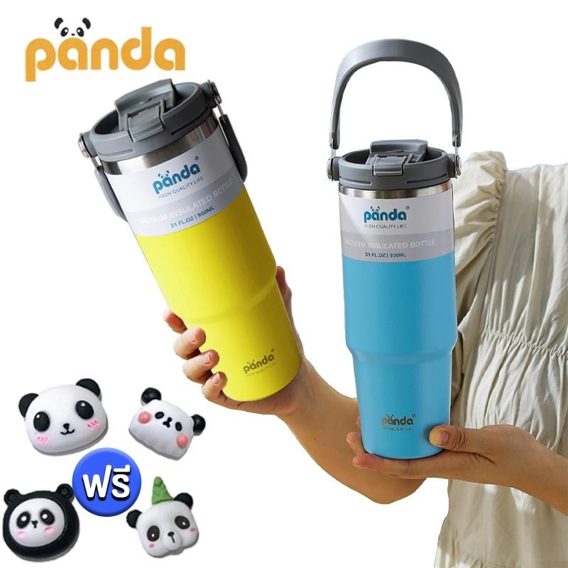 PANDA(ของแท้) แก้วเก็บความเย็น 900ML รุ่นมีหูหิ้วมีหลอด เย็น 304 เก็บความร้อน สแตนเลส พร้อมหลอด ...