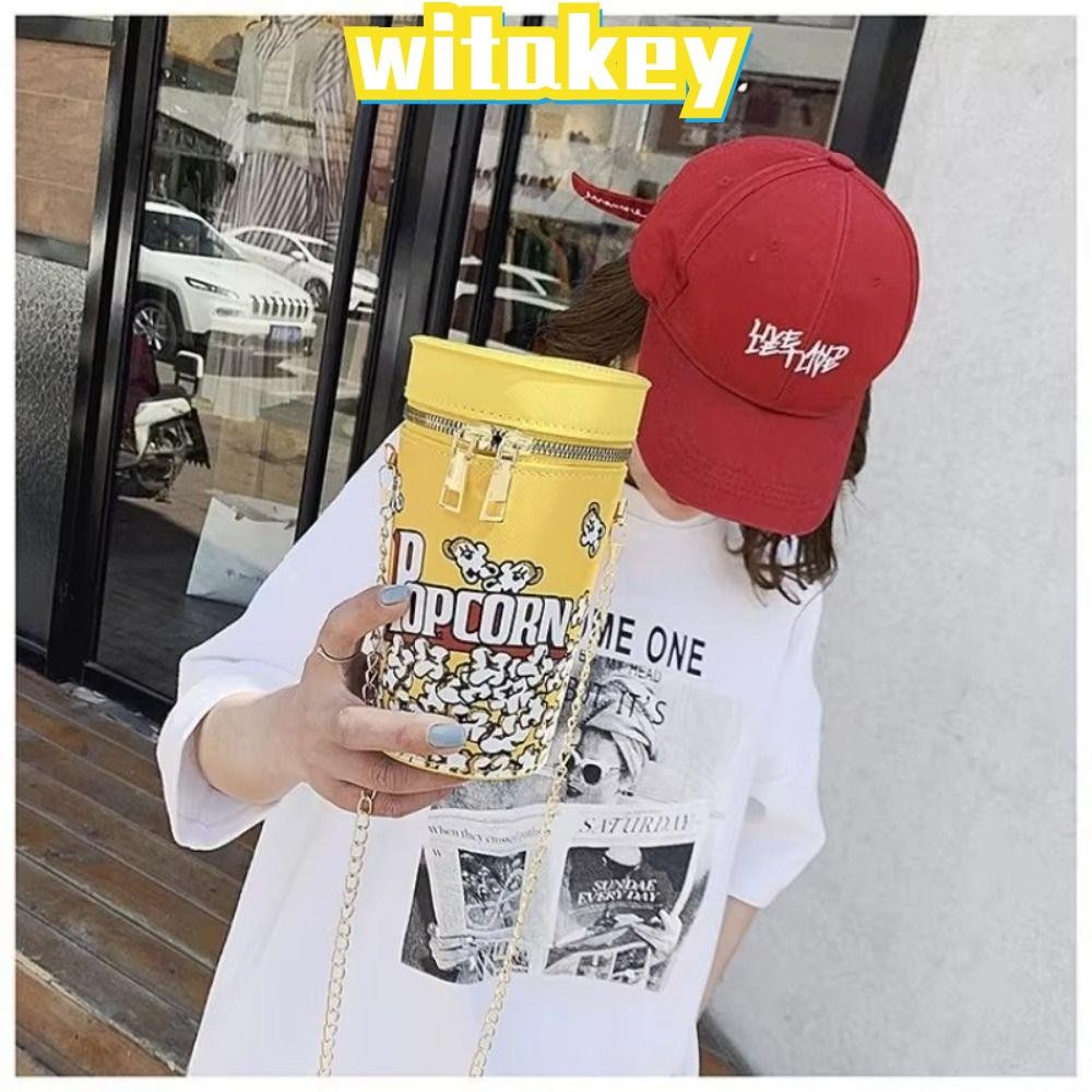 WITAKEY กระเป๋าสะพายข้าง,กระเป๋าสะพายโซ่ดีไซน์ป๊อปคอร์นอินเทรนด์,กระเป๋าทรงกระบอก PU แฟชั่น ...