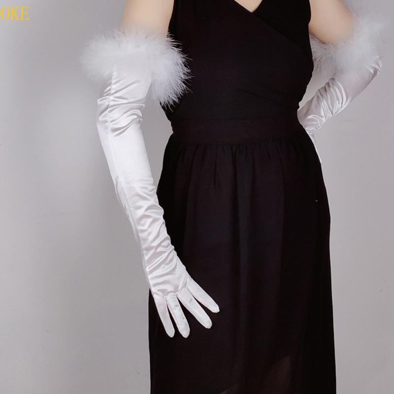 OKE Fluffy Cuff ถุงมือยาวฤดูใบไม้ร่วงสำหรับชุดผู้หญิงงานแต่งงานและอาหาร ...