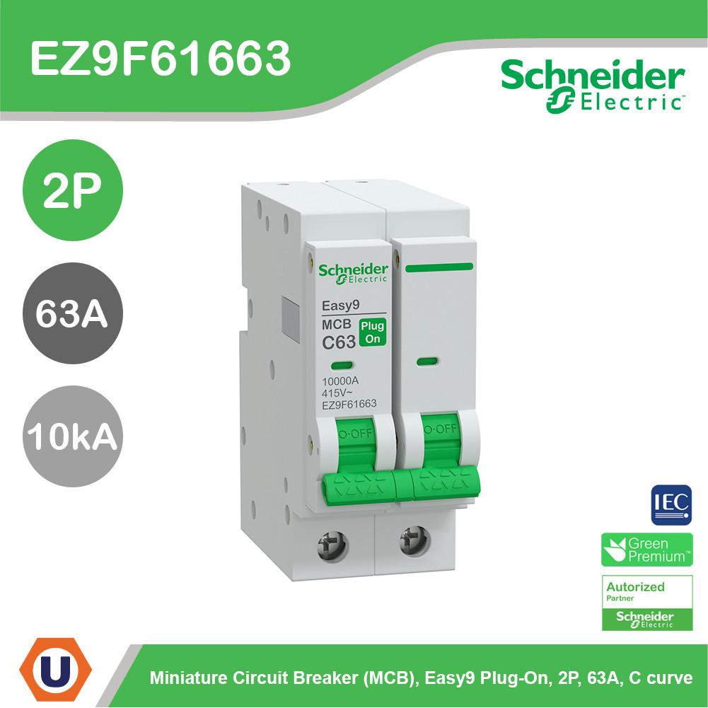 Schneider Electric เมนเซอร์กิตเบรกเกอร์ รุ่น Easy9 Plug-On ขนาด 2P 10kA 63A รหัส EZ9F61663 ...