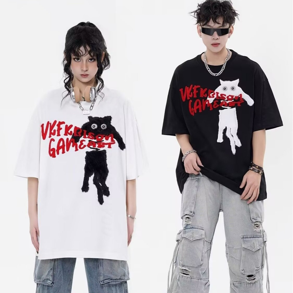 HANLU แขนสั้นเสื้อยืดผู้ชายสไตล์ใหม่แฟชั่นแบรนด์แมวพิมพ์คู่ยุโรปและ ...