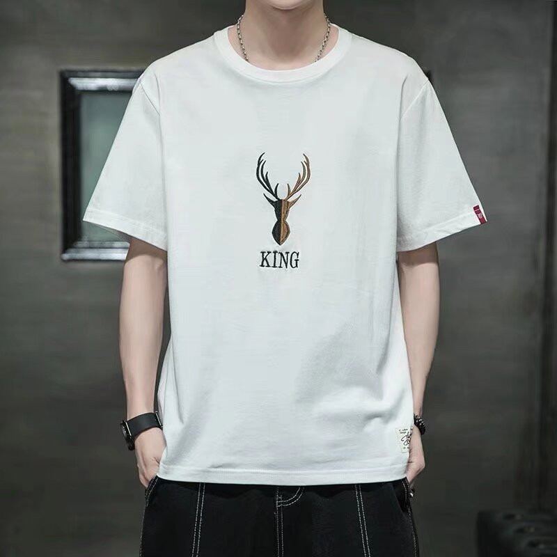 HANLU เสื้อยืดลำลองผู้ชายฤดูร้อนปักกวางทรงหลวมดีไซน์อินเทรนด์ | Shopee ...