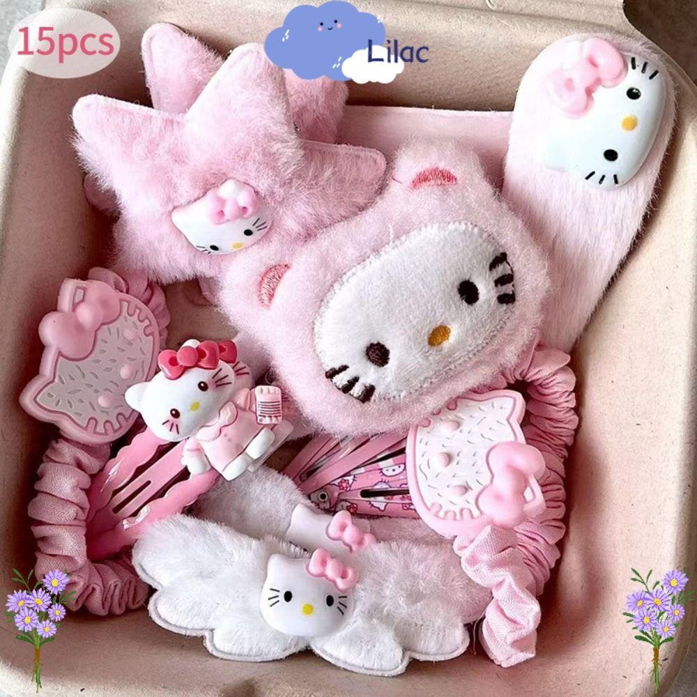 LILAC 15 ชิ้น Hello Kitty เครื่องประดับผม, Kawaii Plush KT Cat กิ๊บติด ...