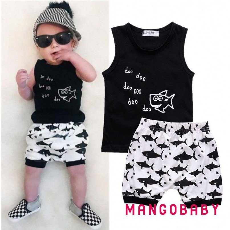 MG-Baby Summer 2 ชิ้นชุดแขนกุดคอกลมลายตัวอักษรสั้นชุดฉลามน่ารัก ...