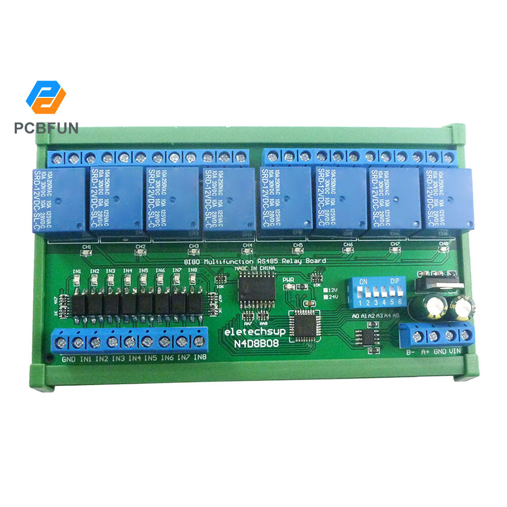 Pcbfun DC 12V 24V 8 อินพุตแยกและ 8 เอาต์พุต DIN35 C45 Rail กล่อง UART RS485 รีเลย์โมดูล Modbus ...