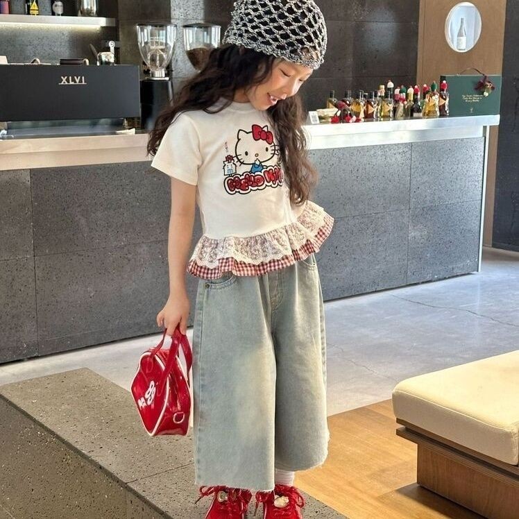 Girls Princess Top Summer 25 สไตล์ใหม่เด็กลูกไม้หวานแขนสั้นสีขาวชุดเด็ก ...