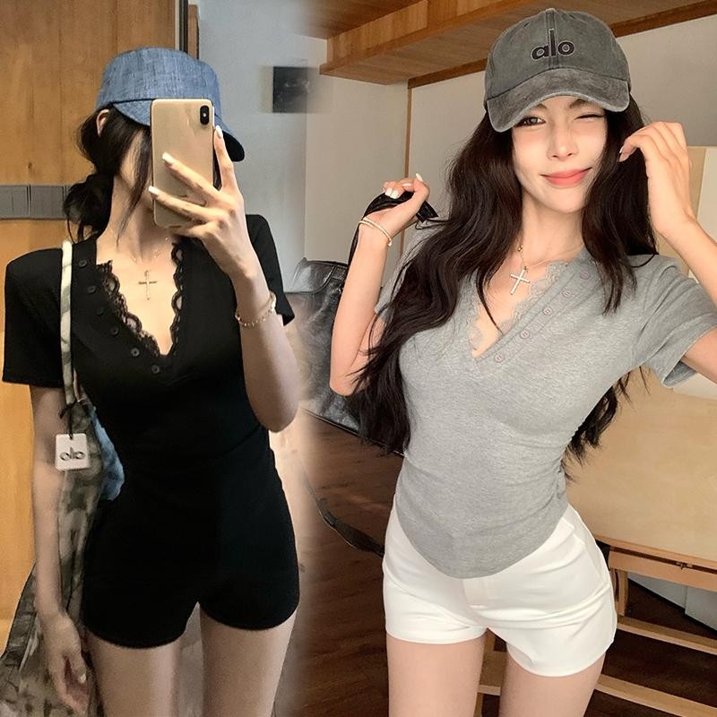 Mimi&Didi#เสื้อท่อนบนลูกไม้เย็บคอวีลึกคอลึกสำหรับผู้หญิง ในฤดูร้อน สวยสุดๆ ไม่ซ้ำใครและสวยงาม ...