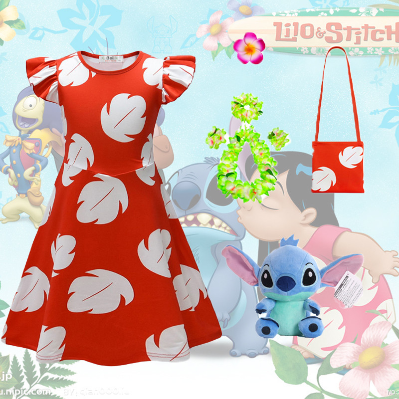 Lilo และ Stitch เครื่องแต่งกายสําหรับเด็กสาวฤดูร้อน Lilo Red Leaf พิมพ์ ...