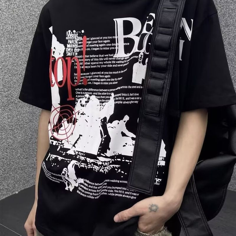 HANLU เสื้อยืดผู้ชาย American Retro ฤดูร้อนใหม่หลวมพิมพ์เสื้ออเนก ...
