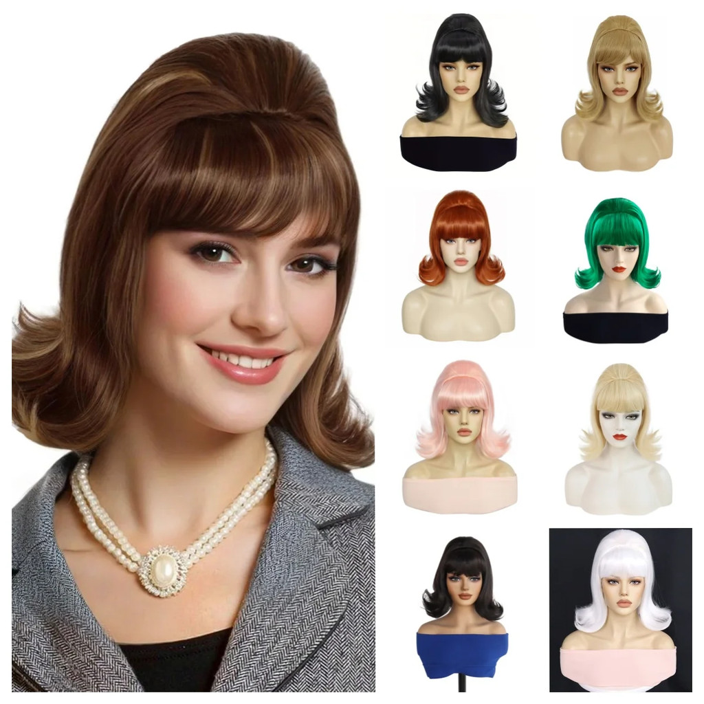 ผมสังเคราะห์สั้น 70s Pinup Pelucas 60s สีดำสีบลอนด์ Retro Beehive Wigs สำหรับผู้หญิงหมวกวิกผม ...