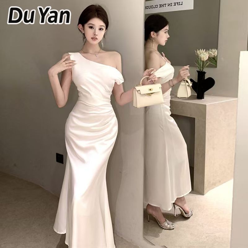 ชุดสตรี French Socialite Elegant ไหล่ซาตินชุดราตรีชุดยาว | Shopee Thailand