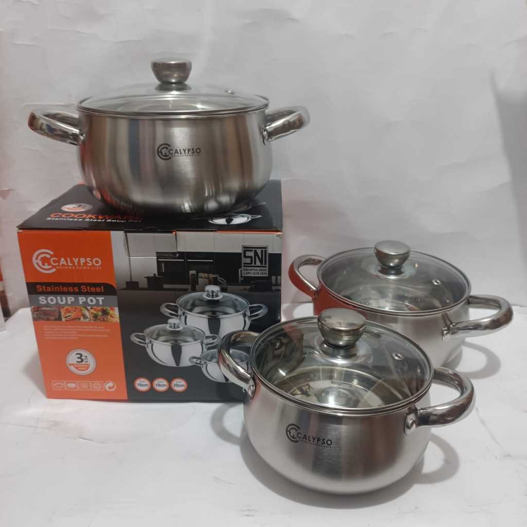 Calypso Panci ชุด 3 ชิ้น 16 ซม. 18 ซม. 20 ซม. ฝาแก้วสแตนเลส Pan C-451 ...