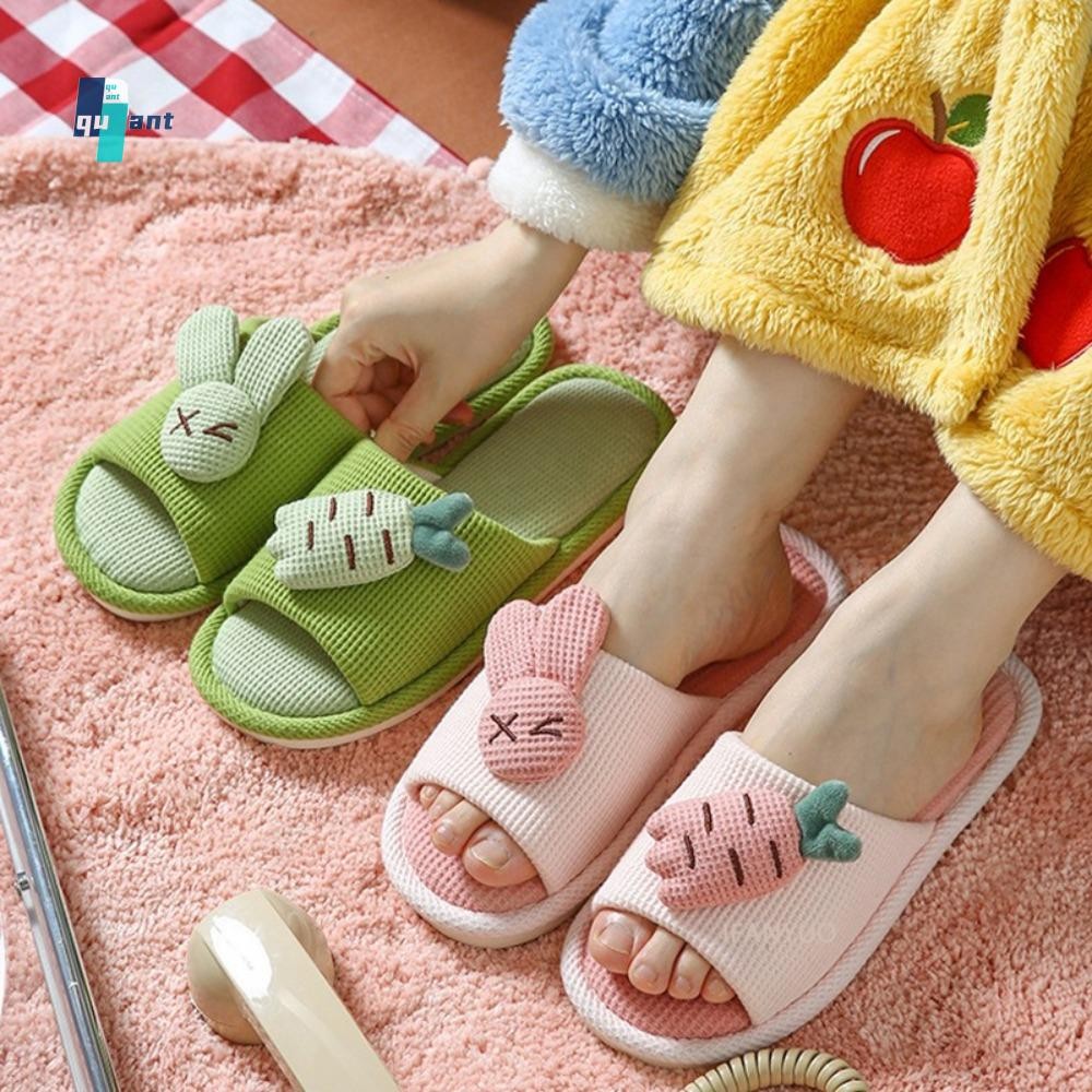 QUANTUMSKY House รองเท้าแตะผ้าลินิน ตุ๊กตากระต่ายลื่น การ์ตูนรองเท้าแตะในร่ม Kawaii Homewear ...
